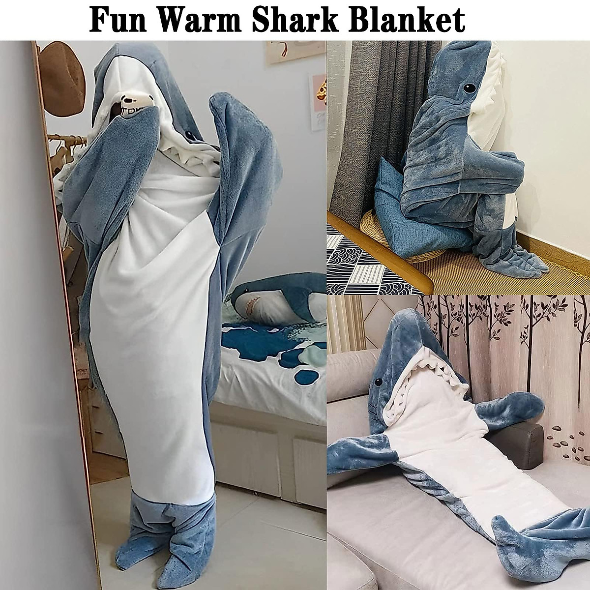 Shark Blanket Wearable Flannel Blanket Cozy Blanket Hoodie Shark Sleeping Bag Cartoon Animals One-Piece Blanket for Adults & Kids Blue XL(61-66in)