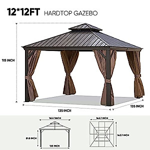 EMKK 12x12FT Hardtop Gazebo, Patic Gazebo Wooden Coated Hardtop Frame Canopy with Galvanized Steel Double Roof, Outdoor Permanent Metal Pavilion with Curtains and Netting for Deck,Garden, Backyard