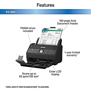 Epson Workforce ES-865 High Speed Color Duplex Document Scanner with Twain Driver