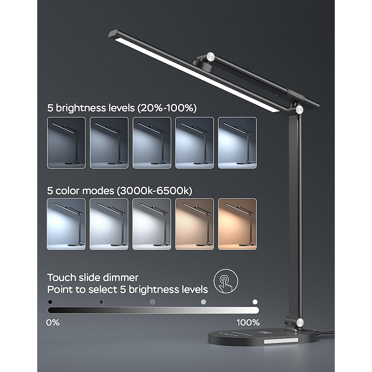 XREY LED Desk Lamp with Wireless Charger, USB Charging Port, Desk Lamp Touch Control Dimmable with 5 Color Modes & 5 Brightness, Eye Caring Desk Lamp, 2 Night Lights (Black)