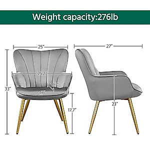 Yaheetech Velvet Accent Chair, Modern Vanity Chair Armchair with Wing Side and Metal Legs, Cozy and Soft Padded and High Back for Living Room/Home Office/Makeup/Bedroom, Light Gray