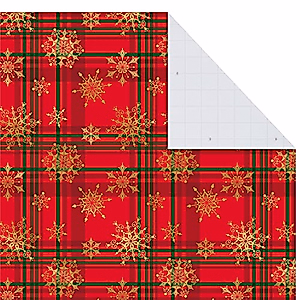 Hallmark Flat Christmas Wrapping Paper Sheets with Cutlines on Reverse and Gift Tag Seals (12 Folded Sheets, 16 Gift Tag Stickers) Red, White and Gold Stripes, Santa Claus, Snowflakes on Plaid