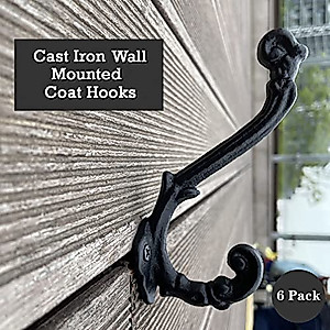 6 Pack Cast Iron Wall Hooks Antique Vintage Rustic Farmhouse Coat Hooks, Great for Coats, Bags, Towels, Hats, Mounting Screws Included