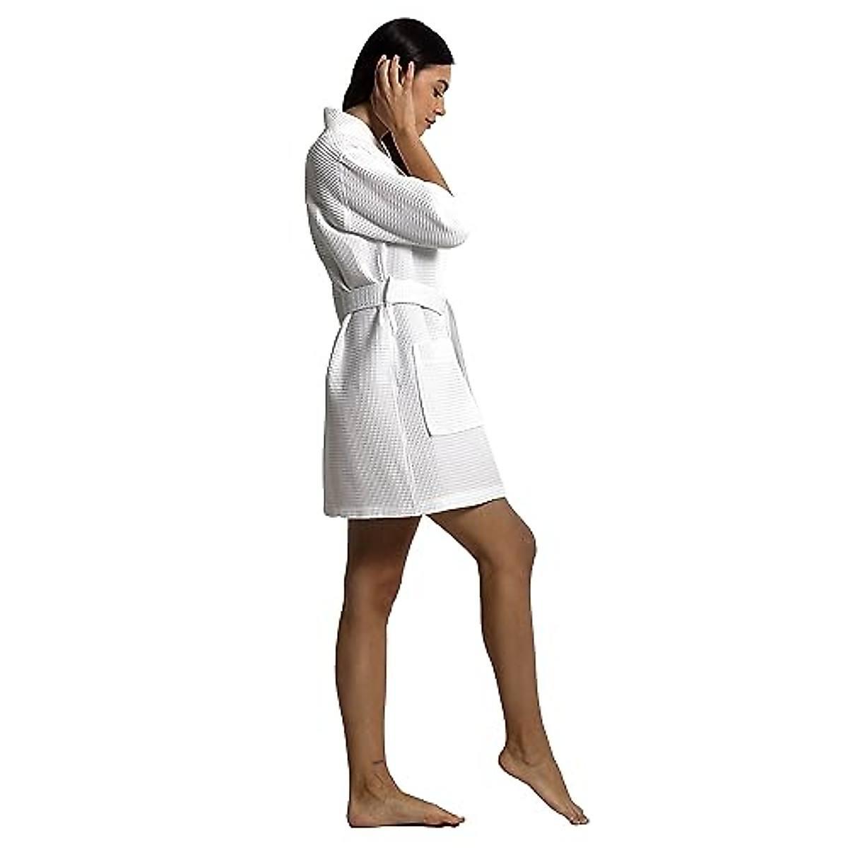 Chakir Turkish Linens Lightweight - Quick Dry Waffle Knit Bath, Spa and Bridesmaids Kimono Short Robe (White, One Size)