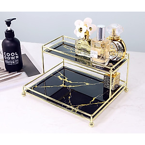 Simmer Stone Makeup Organizer Shelf, 2-Tier Cosmetic Storage Basket with Glass Tray, Wire Vanity Organizer Rack for Bathroom, Countertop, Dresser and More, Medium Size