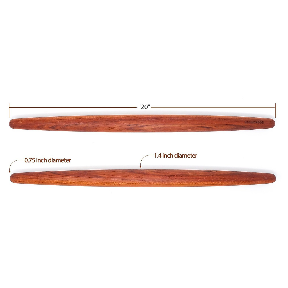 Earlywood French Rolling Pin - Tapered Wooden Rolling Pin for Baking Pizza, Pastry Dough or Pasta - Hard Wood French Roller Baking Pin Made in USA - Jatoba