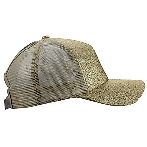 Womens Summer Glitter Messy Bun Mesh High Ponytail Baseball Tennis Sun Hat Cap Gold