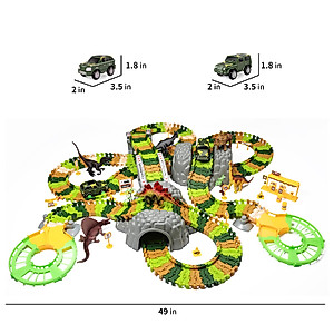 TEMI 348PCS Dinosaur Train Toys for Kids 3 4 5 6 7 Years, Longer Track, 6 Realistic Jurassic Dino Figures, 2 Electric Toy Cars, Twisted Flexible Train Track Set for Toddlers, Boys & Girls