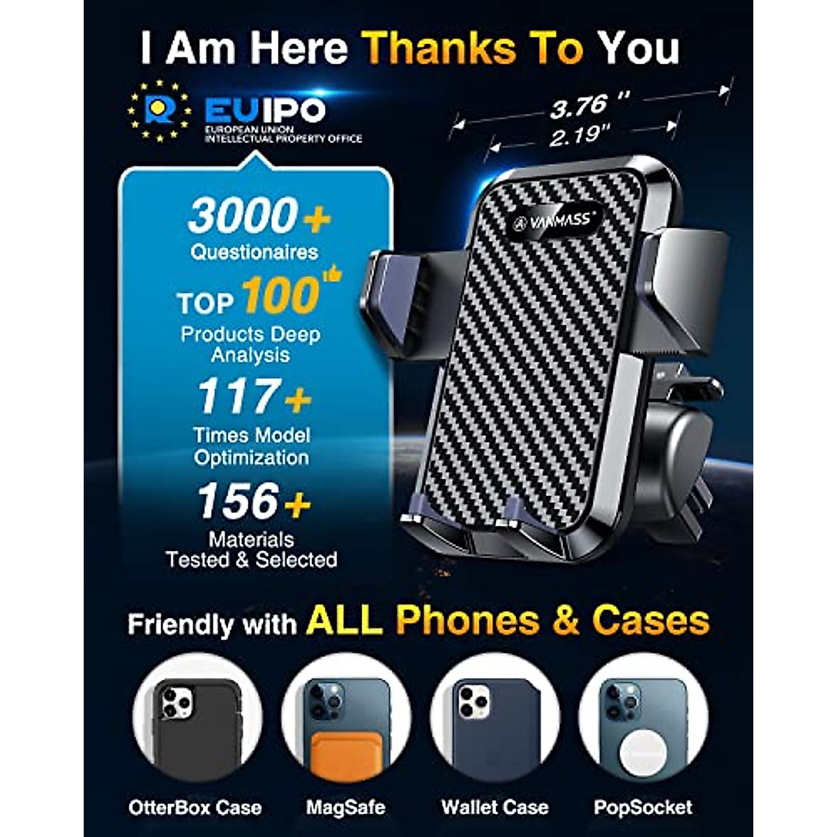 [2023 Upgraded] VANMASS Car Dashboard Phone Holder Mount [Super Suction Cup] Compatible for iPhone 13 Pro Max 12 11 X Xr Xs 8 7 Plus Mini Se Universal Cell Phone Windshield Vent Handsfree Cradle,Black