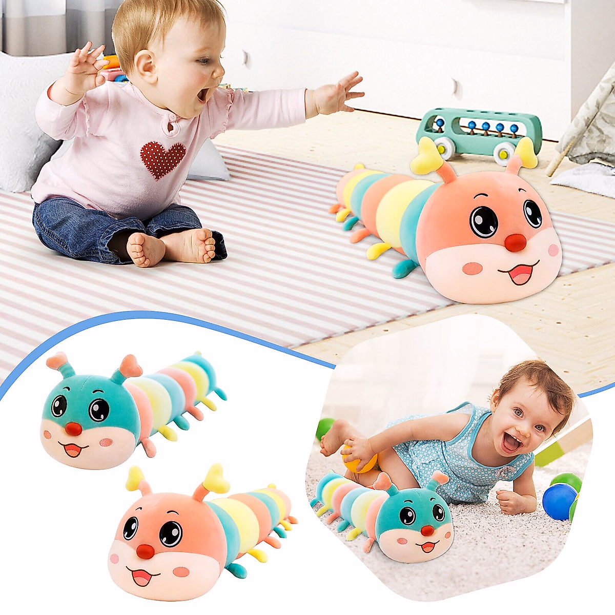 GREUS 43.3 Inches Giant Caterpillar Stuffed Animal Caterpillar Plush Cuddle Toys Long Caterpillar Hugging Pillow Plushies Body Pillow Cute Caterpillar Doll Birthday Gift for Kids Girls Girlfriend