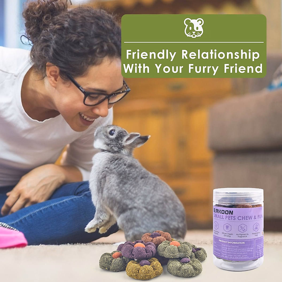 ERKOON Rabbit Chew Toys, 10PCS Timothy Grass Treats Small Animal Molar Toys for Guinea Pig Hamster Bunny Chinchilla Gerbil, Handmade Rabbit Chews and Treats