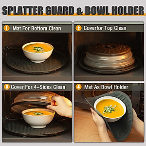 MAGJIUKE Microwave Food Cover & Mat,Vented Collapsible Splatter Guard Dish Plate lid & Silicone Round Kitchen mat,Heat Resistant Multi-Purpose Non-Slip Trivet Drying mat,Home Apartment Essential