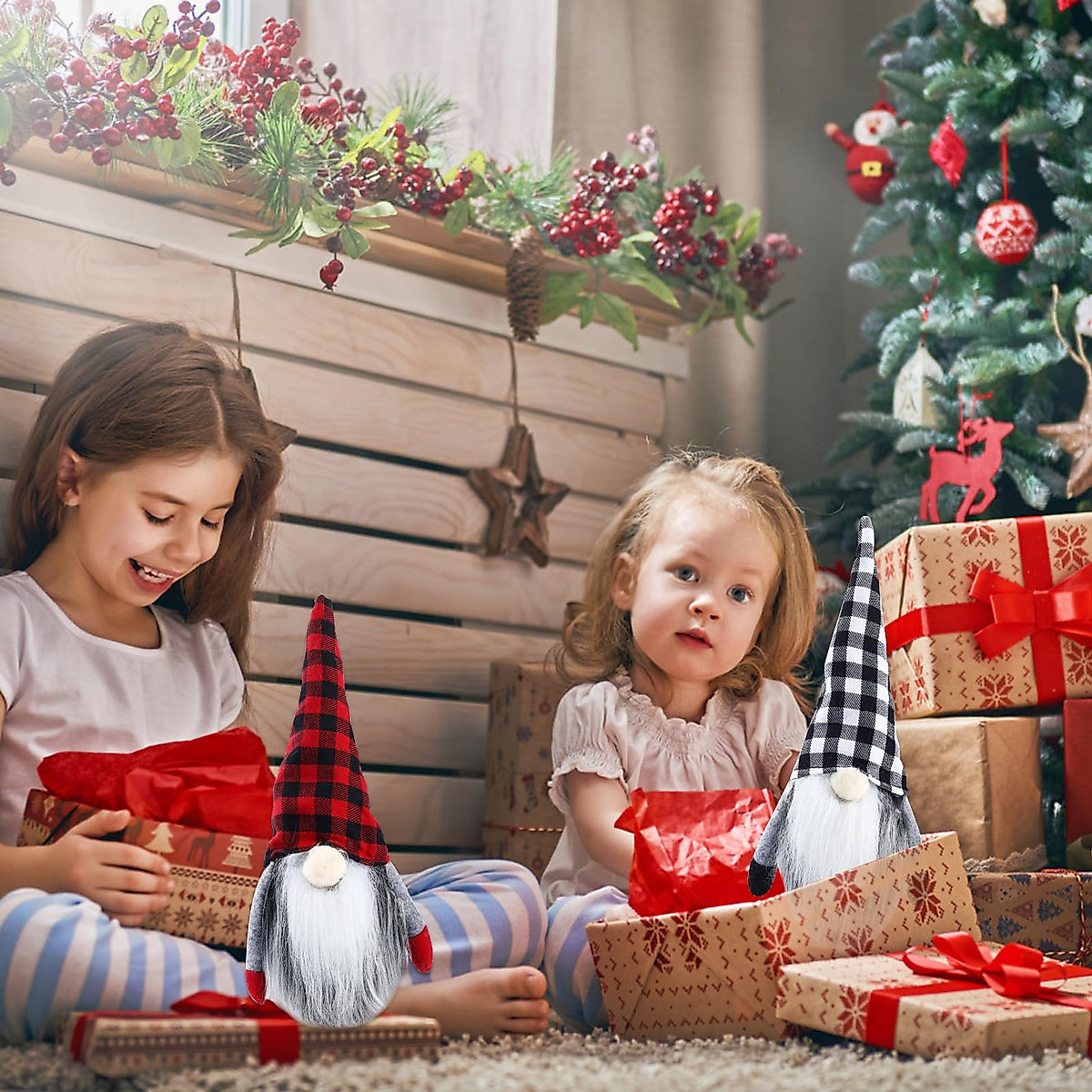 BSSN 2PCS Christmas Gnome Plush Decorations, Buffalo Check Handmade Scandinavian Tomte - Christmas Home Tabletop Elf Gnomes Decor Ornaments