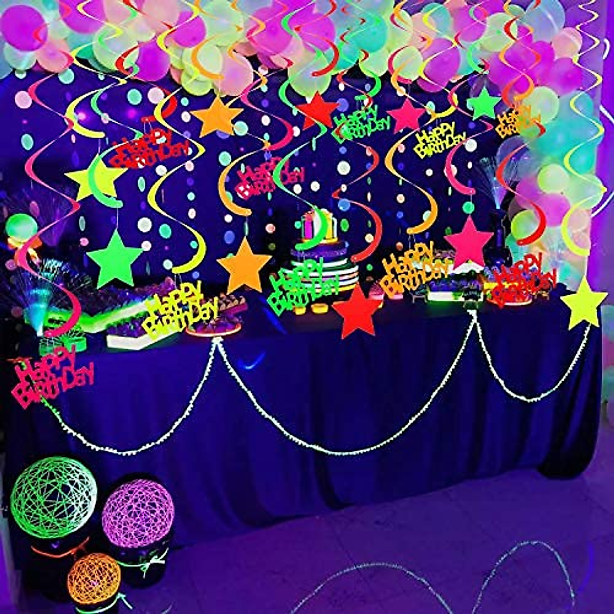 50 Pieces Glow Party Supplies Hanging Swirl Decorations Neon Star Swirl Hanging Decorations for Neon Party Glow Party Ceiling Decorations
