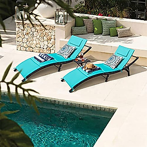 GUNJI Lounge Chairs for Outside 3 Pieces Patio Adjustable Chaise Lounge Outdoor Wicker Lounge Chairs Set of 2 with Table Folding Chaise Lounger for Poolside, Deck, Lawn (Blue)