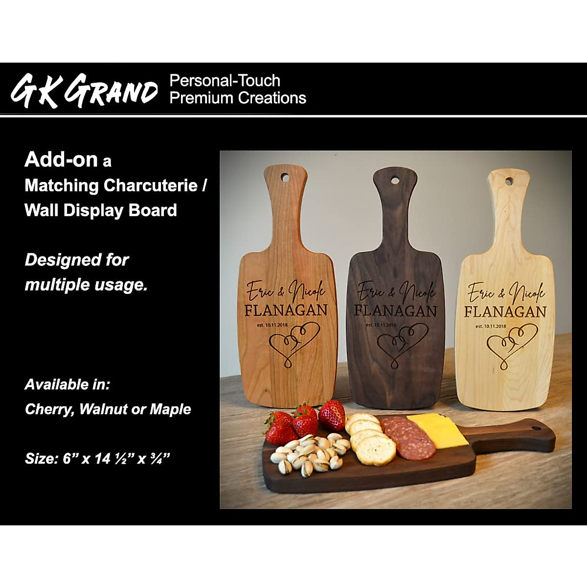 Personalized Cutting Board Wedding Gift Beautifully Engraved Heart Design Walnut Maple Cherry Customized Bride Groom Unique Display Newlywed Couple Marriage Parents Anniversary Housewarming Christmas