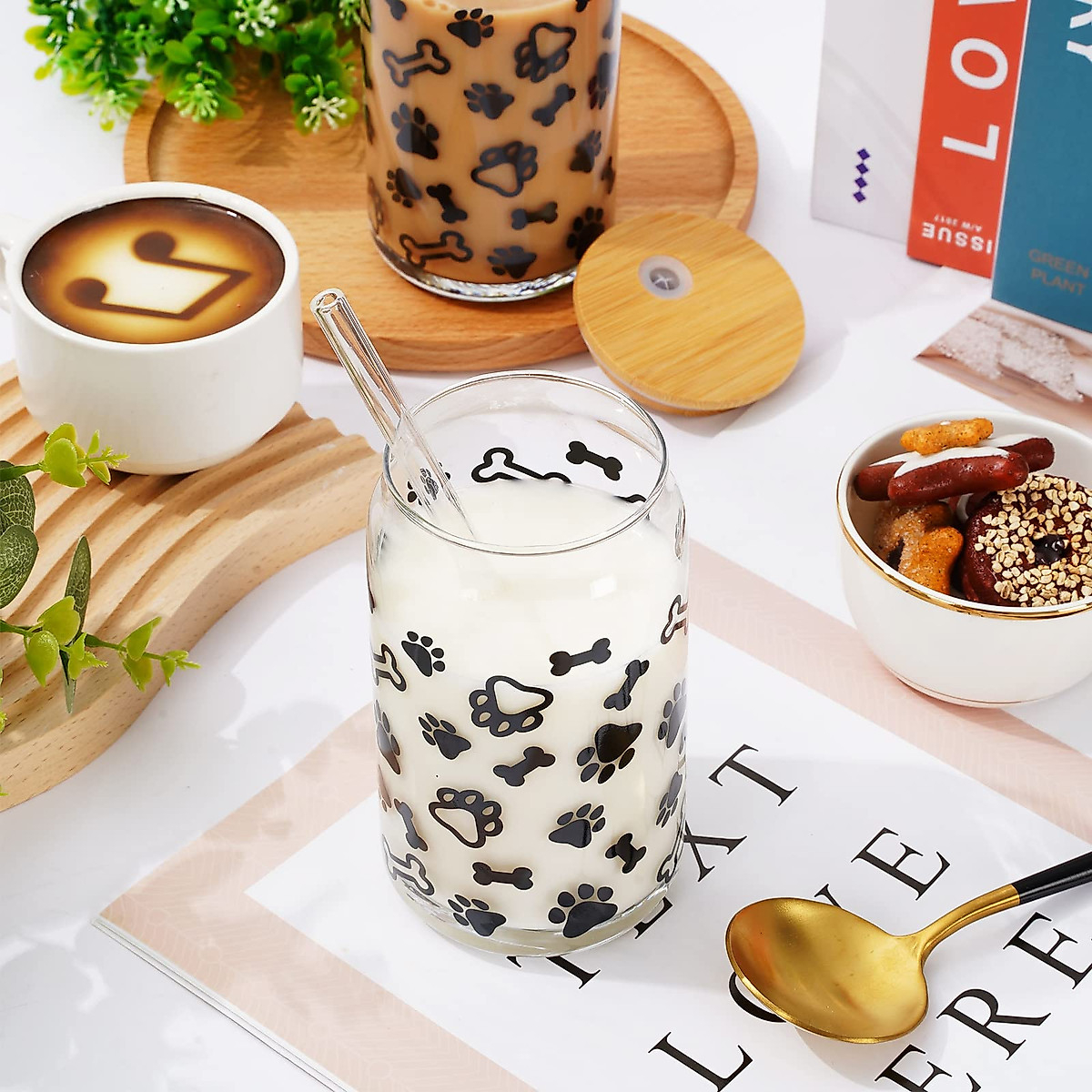 Whaline Dog Paw Ice Coffee Cup 16oz Black White Pet Paw Bone Glasses Cup with Bamboo Lids Glass Straw Cleaning Brushes Cute Drinking Glasses for Cocktails Whiskey Beer Soda Gifts, 2Pcs