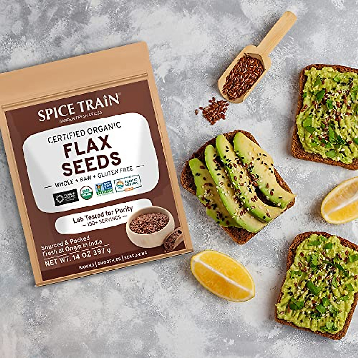 SPICE TRAIN, Organic Flax Seed with Omega3 (397g/14oz) USDA Certified, Non-GMO, Flaxseed for Flax meals & Drinks | Resealable Zip Lock Pouch | 100% Raw Flax Seeds Sourced from India | Brown Flax Seeds