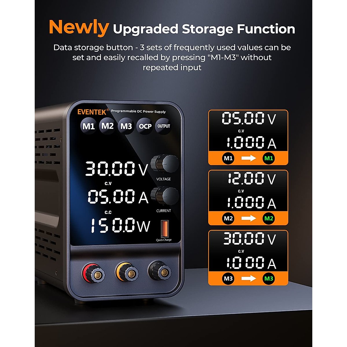 Eventek DC Power Supply, 30V/5A Variable Power Supply with Encoder Adjustment Knob, Memory Switching Bench Power Supply with 4-Digits LED Display, 5V/3.6A USB Output & Banana Plug Lead