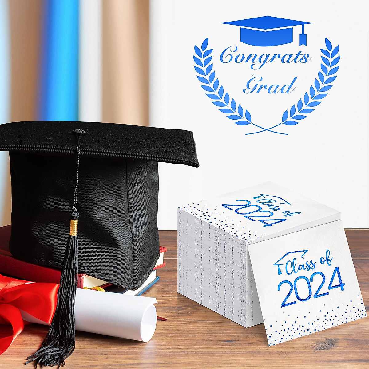 100Pcs Class of 2024 Graduation Napkins, Disposable Congrats Grad Paper Cocktail Napkins Square Foil Dot Hand Towels for 2024 School University College Graduation Party Decorations（Blue）