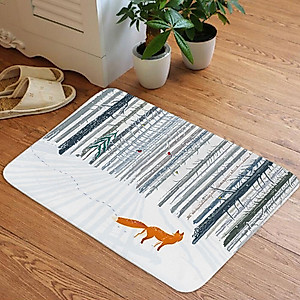 JAWO Winter Christmas Bath Mat Snow Covered Pine Trees Winter Season Animal Red Fox and Cardinals Idyllic Seasonal Scenery Bathroom Decor Bath Rug Non Slip Soft Rugs 29 x 17 Inches