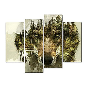 Wolf 4 Pieces Modern Canvas Painting Wall Art The Picture for Home Decoration Wolf Pine Trees Forest Water Wolf Animal Print On Canvas Giclee Artwork for Wall Decor