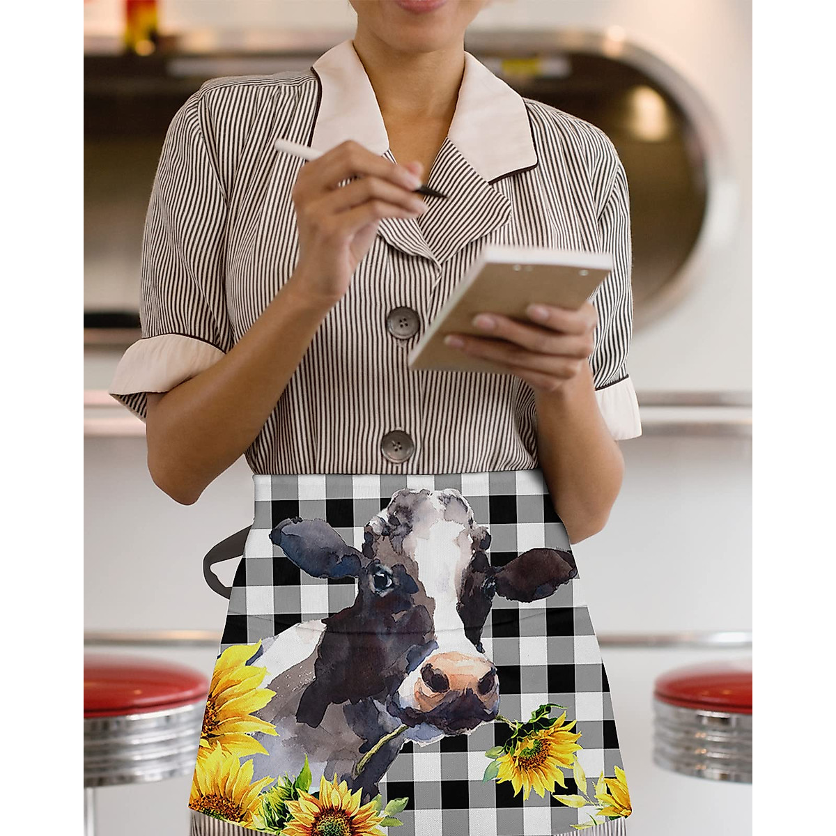 RisQiten Farm Cow Waitress Apron for Women/Men with 3 Pockets, Farmhouse Sunflower Black amd White Plaid Server Aprons Waterproof Kitchen Cooking Half Waist Apron