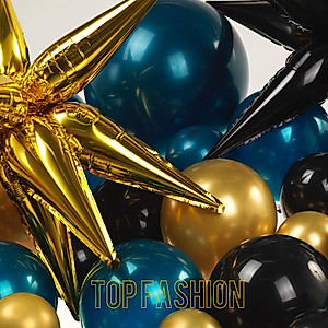 Chrome dark Teal and gold black Balloon Garland Kit 170Pcs Double-Stuffed Navy Teal Blue With Starburst Balloons for Birthday anniversary Baby Shower 2024 graduation prom Luxury shop decorations