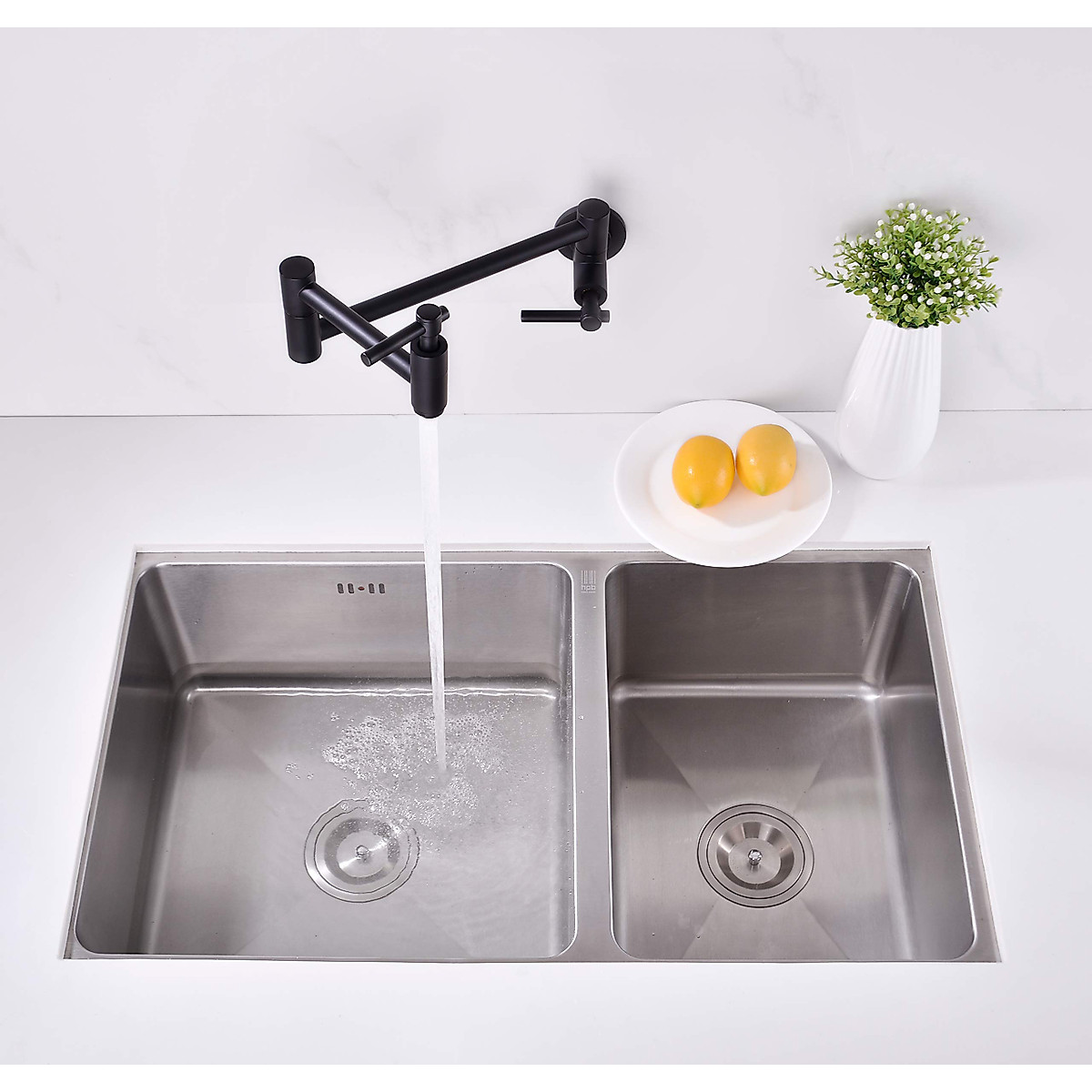 CAKIONG Matte Black Pot Filler Faucet Wall Mount Double Joint Swing Arm Folding Faucet Stretchable Brass Kitchen Faucet with Single Hole Two Handles