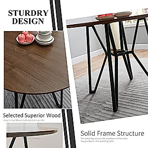 Round Dining Room Table Set with 6 Armless Upholstered Chairs 48"D Circle Kitchen Table with Metal Eedge Tabletop for Dining Room Home Kitchen, Dark Walnut+Black&Light Wheat-6P YCZ2012BW+1179LT