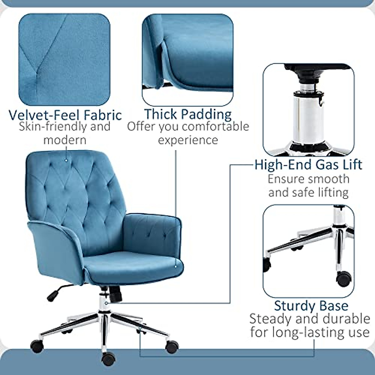 Vinsetto Modern Mid-Back Tufted Velvet Home Office Desk Chair with Adjustable Height, Swivel Adjustable Task Chair with Padded Armrests, Blue