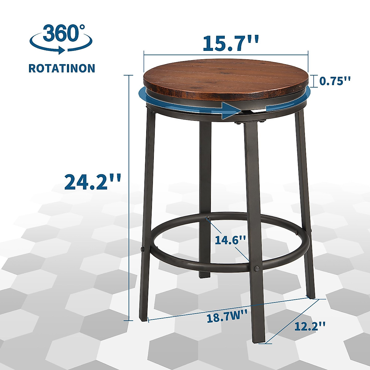 O&K FURNITURE 24-Inch Backless Swivel Bar Stools Counter Height, Industrial Stools for Kitchen Counter, Wood and Metal Bar Stool Chairs Set of 2, Dark Brown