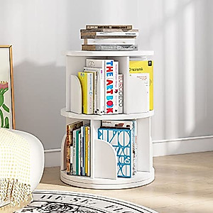Gdrasuya10 2 Tier Rotating Bookshelf Small Bookshelf for Bedroom, Stacking Bookcase with Storage Shelf White Storage Display Rack Floor Standing Bookshelf