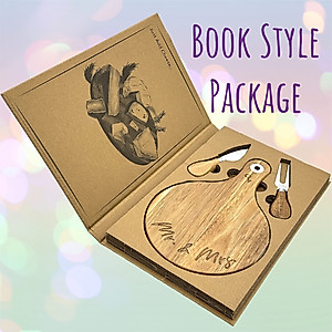 Mr & Mrs Wedding Gift Small Acacia Wood cheese board For charcuterie. Laser Engraved Present In a book like box for newlywed couples. Stainless Steel Utensils.(round)