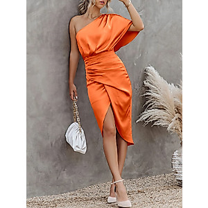 ANRABESS Women Satin One Shoulder Short Sleeve Ruched Bodycon Cocktail Party Elegant Wedding Guest Evening Night Midi Dress orange Medium