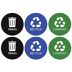 Sutter Signs Trash Compost Recycle Stickers for Trash Can 6pc Combo Set | Weatherproof Waste Management Decal Label Signs for Garbage Cans and Recycling Bins