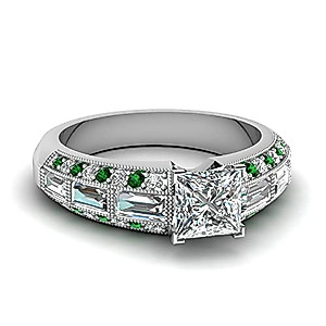 JewelryGift Edwardian Engagement Ring sterling silver Created Emerald Princess shape Green color Vintage Engagement Rings bar Setting in Size 11 Minimal Surprise Gifts for Ladies