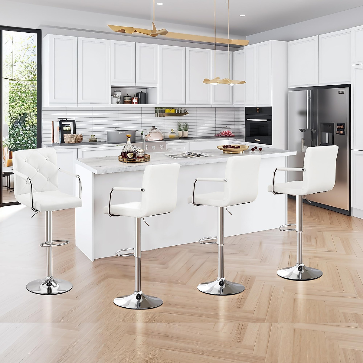VECELO Bar Stools, Adjustable Bar Stools Set of 4, Counter Height Barstool with Back and Arms, Swivel PU Leather Bar Chairs for Kitchen/Island, White