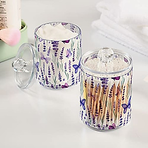 Kigai 2 Pack Lavender Flower Qtip Holders Dispenser Bathroom Vanity Organizers Clear Plastic Apothecary Jars with Lids for Cotton Ball, Cotton Swab, Cotton Round Pads, Floss