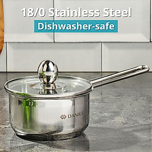 Daniks Mini 0.8 Quart Stainless Steel Saucepan with Glass Lid | Induction Small Sauce Pot | Dishwasher Safe Pot | Pot for Boiling, Milk, Spaghetti, Soup for 1 Person | Silver
