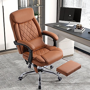 BOWTHY Executive Massage Office Chair with Heated,45°Reclining Ergonomic Chairs with Footrest,High Back Computer Desk Chairs with Wheels,Diamond-Stitched Cushion Brown Leather Office Chair