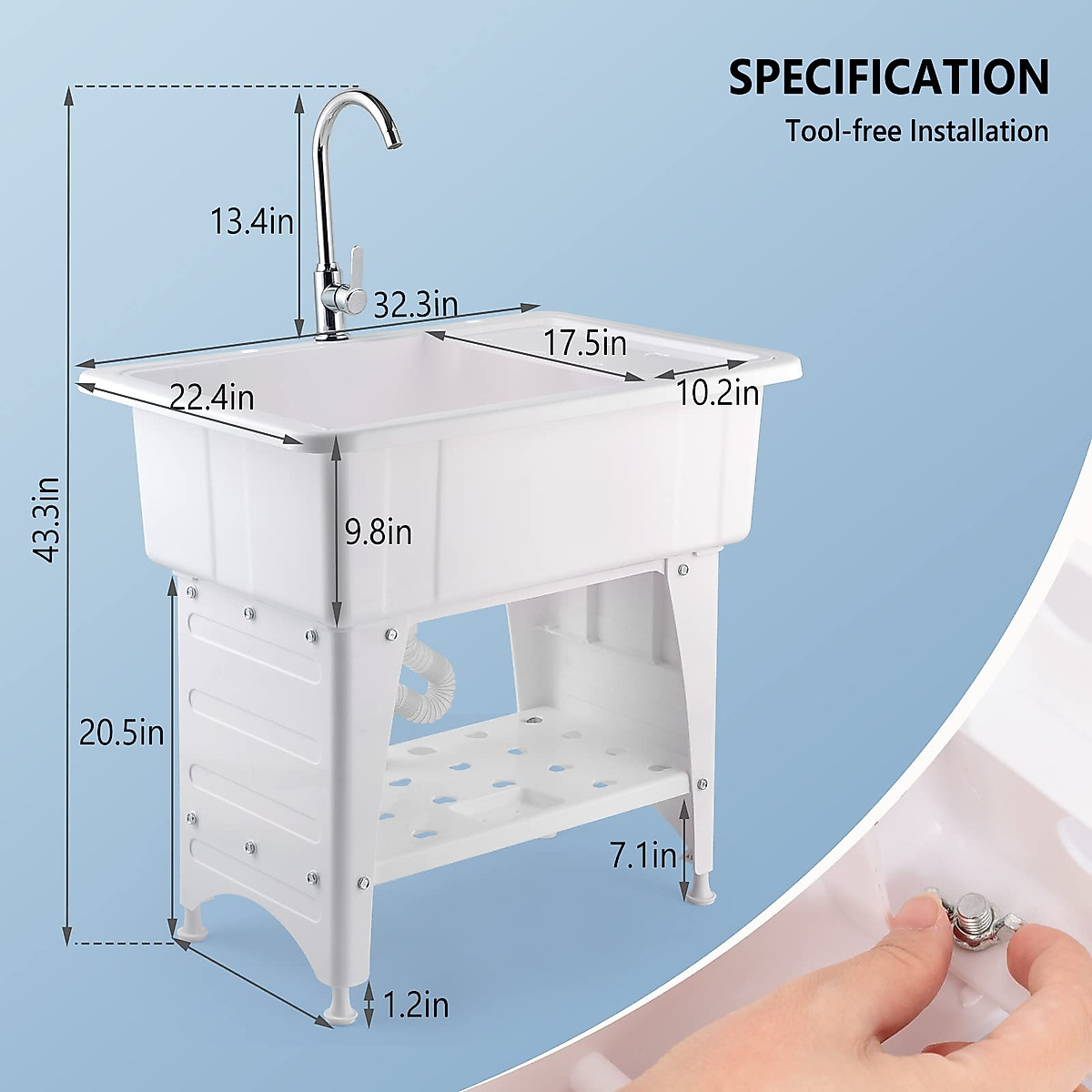 VINGLI Utility Sink Laundry Tub for Washing Room, Freestanding Utility Sink with Stainless Steel Faucet, White, 32.3"W x 22.4" D x43.3"H(Include Faucet)