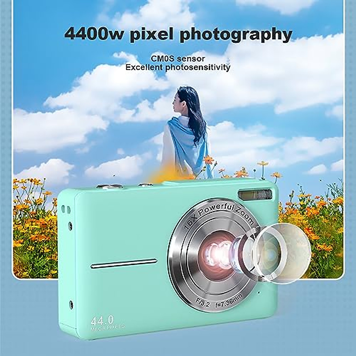 Digital Camera, FHD 1080P Portable Small Camera, Anti Shake Lightweight Compact Point and Shoot Camera, for Teens Adult Kids, Green