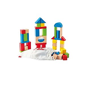 Hape Maple Wood Kids Building Blocks Stacking Wooden Block Educational Toy Set for Toddlers, 50 Brightly Colored Pieces in Assorted Shapes and Sizes