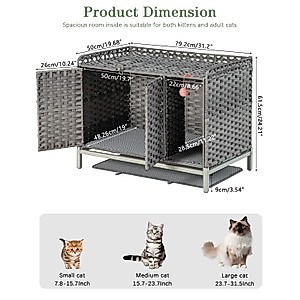 SETVSON Cat Litter Box Enclosure Cat Litter Box Furniture with Divider, Rattan Litter Box Enclosure with Cat Litter Mat, 31.2×19.6×24.2 Inches Hidden Cat Litter Box Cat House for Living Room (Gray)