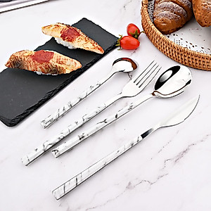 BRIIEC 24Pcs White Imitation Marble Pattern Handle Flatware Silverware Set, Stainless Steel Cutlery Set for 6, Square Handle Eating Utensils, Mirror Polished for Home Kitchen Bar Restaurant