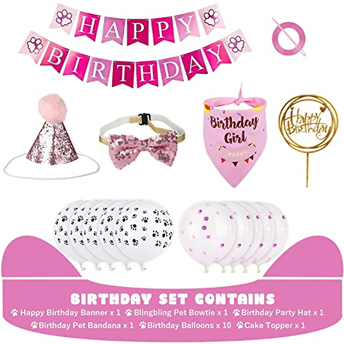 GUOYIHUA Dog Birthday Party Supplies, Dog Birthday Bandana Scarf, Doggie Boy Birthday Party Hat with Number, Bowtie Balloons Banner for Small Medium Dogs Pets, Birthday Party Decorations (6PCS, Pink)