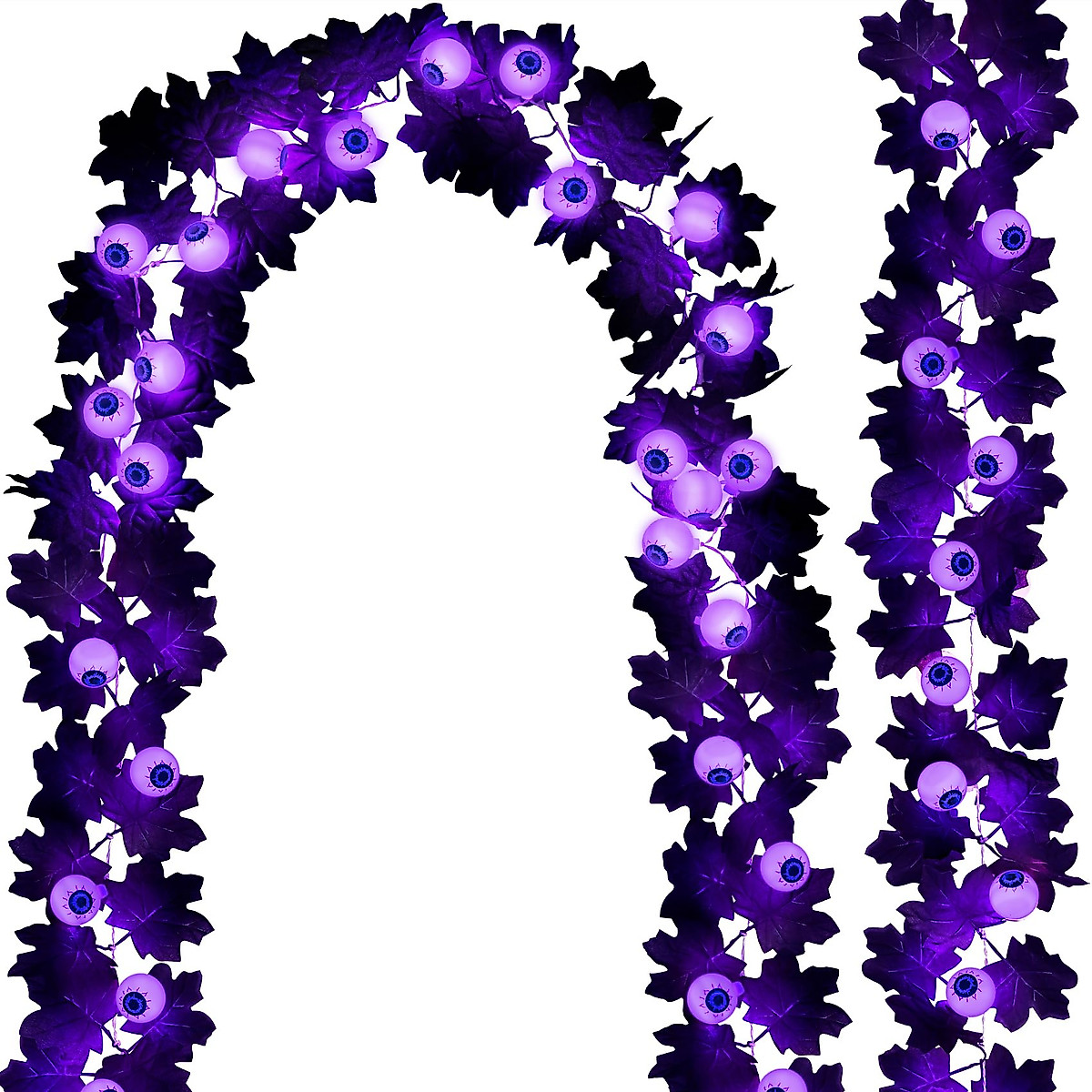 Ouddy Decor 2 Pack Lighted Halloween Garland, Total 20 FT 60 LED Black Maple Leaves Garland with Eyeballs Lights Waterproof Timer Battery Operated for Indoor Outdoor Home Halloween Decorations, Purple