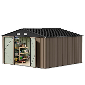 TREEVAN Outdoor Storage Sheds 10x10 FT, Outdoor Metal Shed with Vents and Lockable Door for Patio Storage, Brown