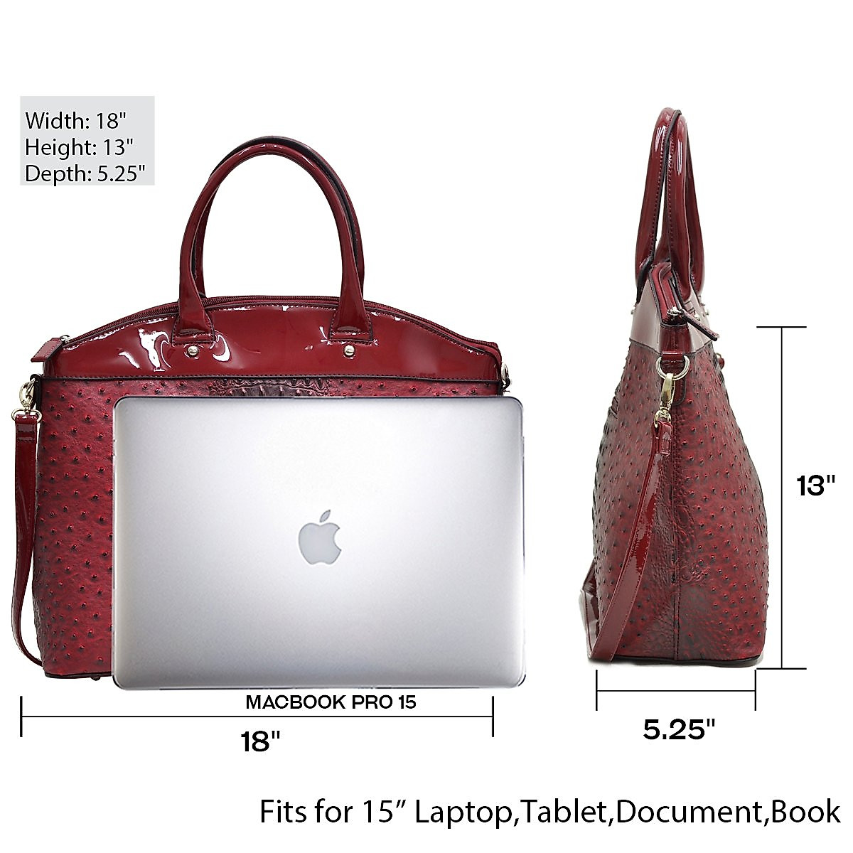 Dasein Women Faux Leather Large Satchel Handbag with Shoulder bag Patent Trim Shoulder bag (Black)